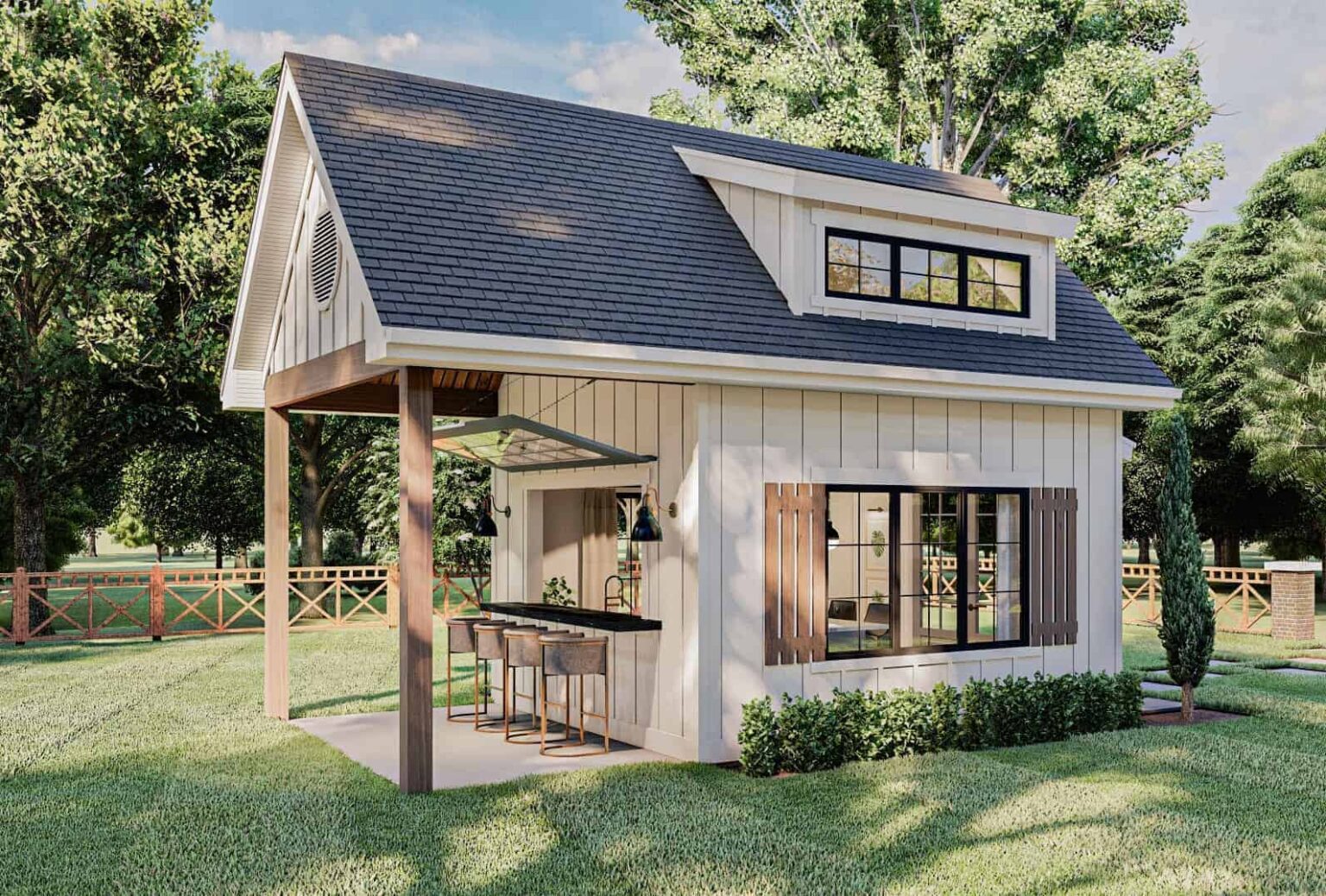 Backyard Bar Cottage Shed With Patio & Loft Covered In Cathedral ...