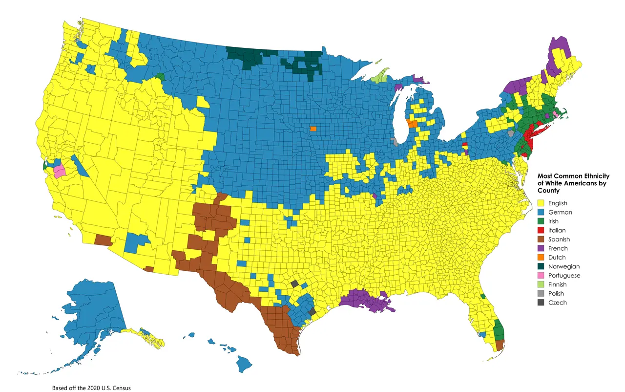 U.S. Map: Most Common White Ethnicity By County